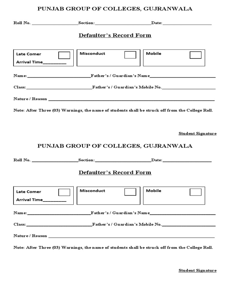 Defaulter's Record Form | PDF