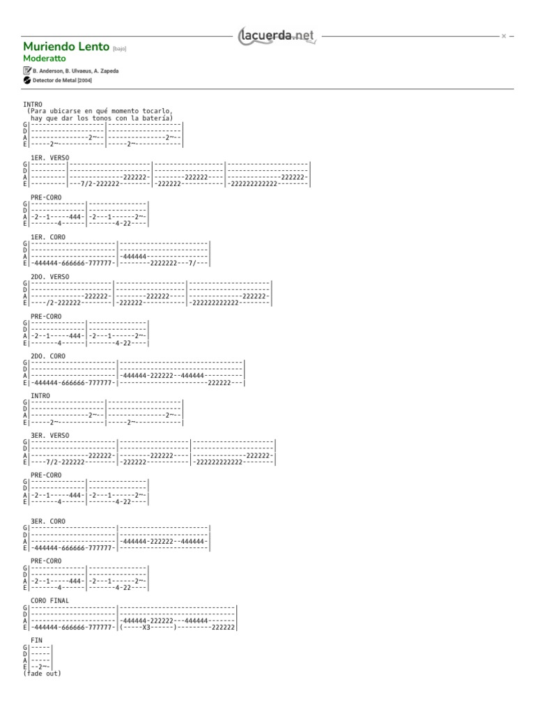 MURIENDO LENTO, Moderatto: Tab P:bajo | PDF