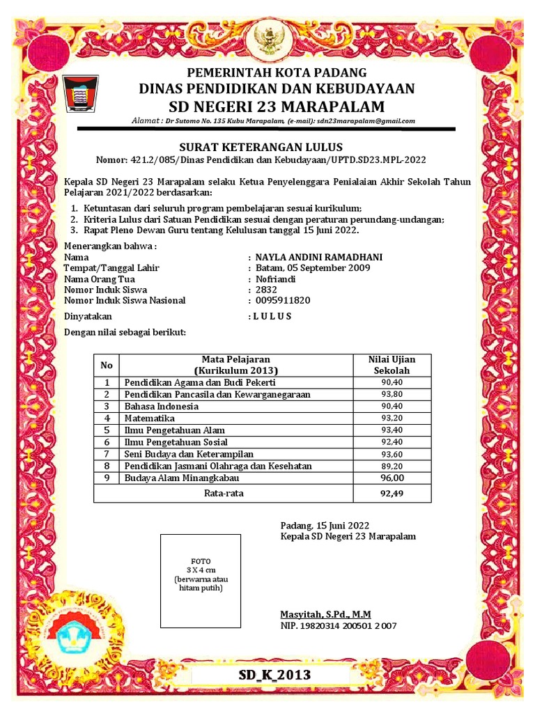 Contoh SKL SD - 2022 | PDF