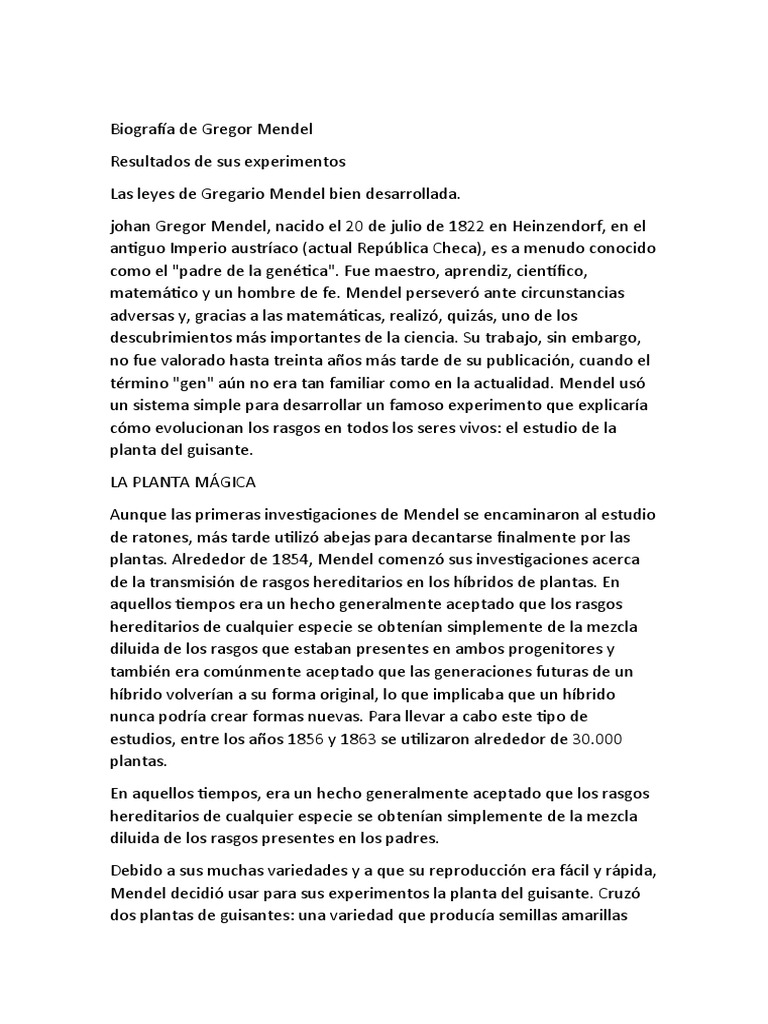 Biografía de Gregor Mendel | PDF | Dominancia (Genética) | Evolución ... Biografía de Gregor Mendel | PDF | Dominancia (Genética) | Evolución ...