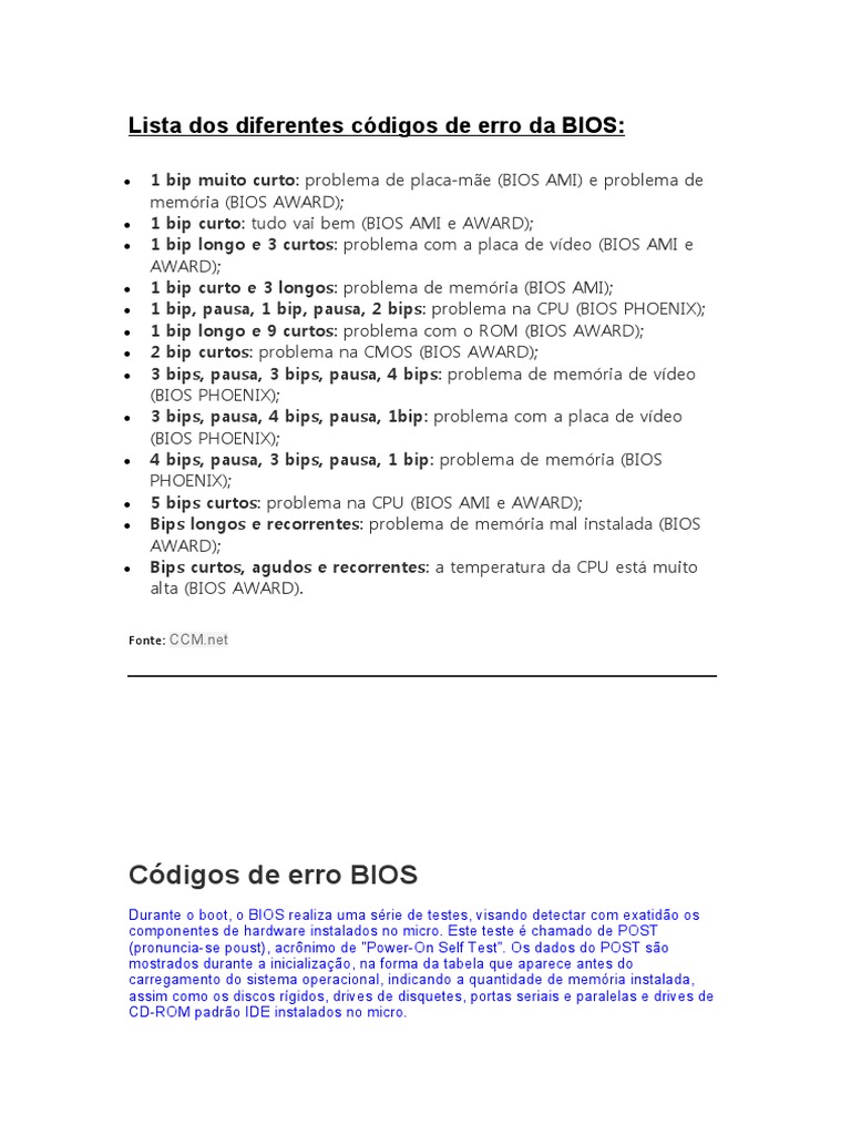 Codigos de Erro BIOS | PDF | BIOS | Memória de acesso aleatório (RAM)