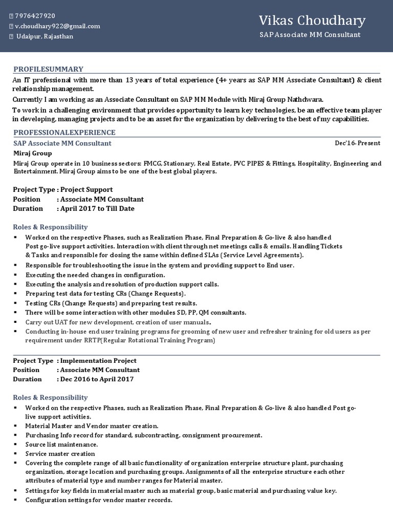 Vikas Choudhary: Resume Highlighting Over 13 Years of Experience in SAP MM, Maintenance ...