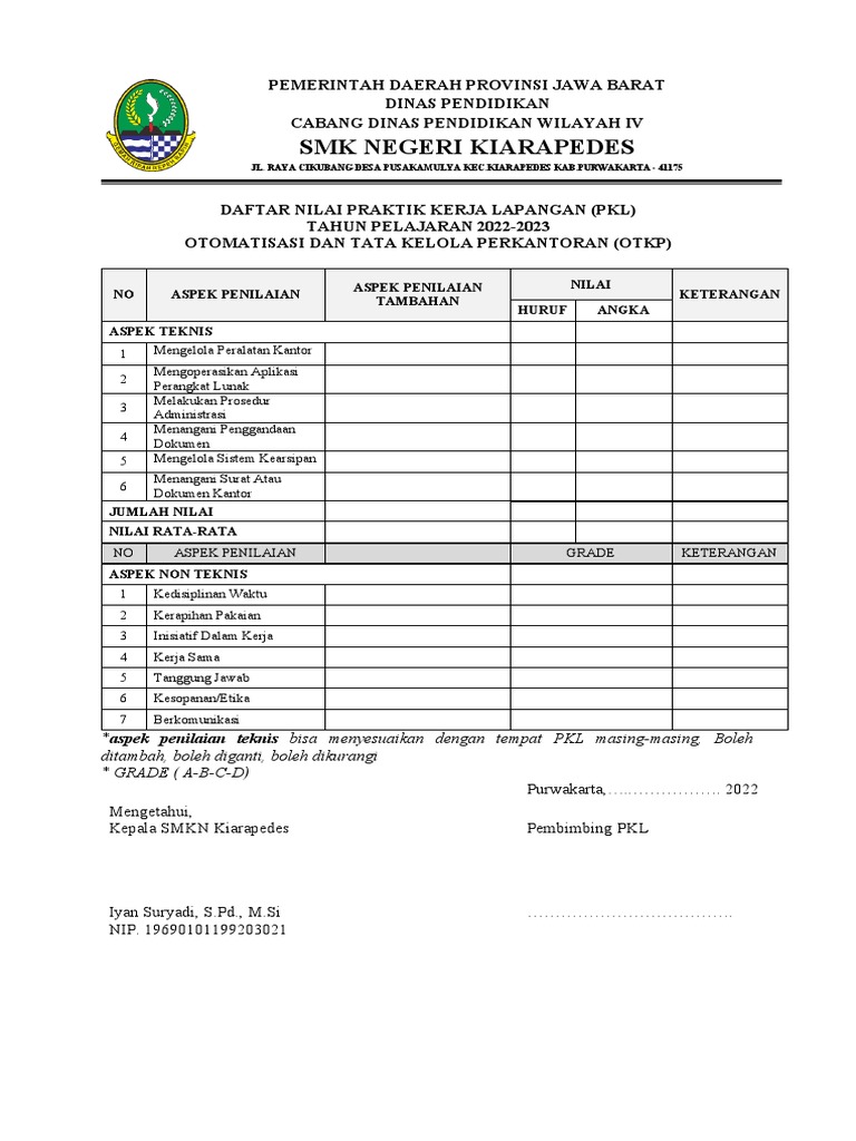 Format Nilai PKL 2022-2023 Otkp | PDF | Komputer