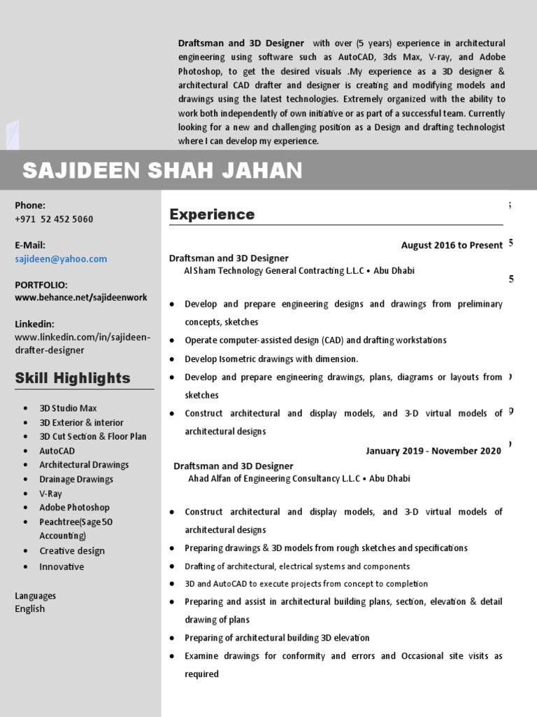 Resume - Sajideen - Draftsman and 3D Designer | PDF | Technical Drawing ...