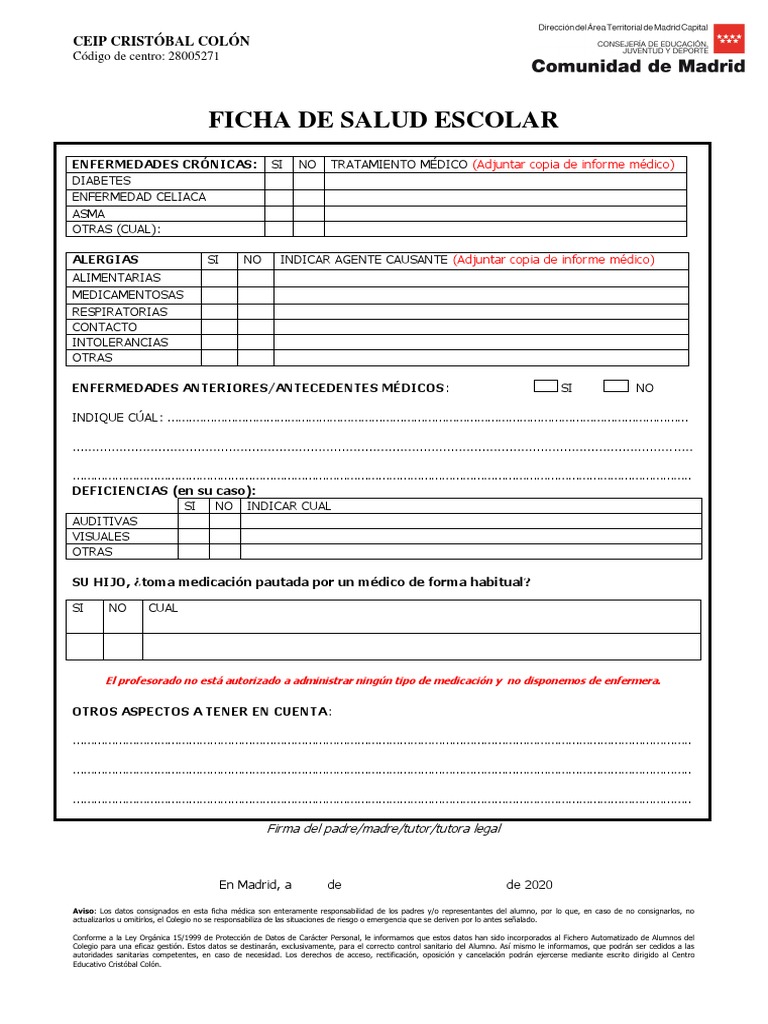 Ficha de Salud Escolar 2025 | PDF