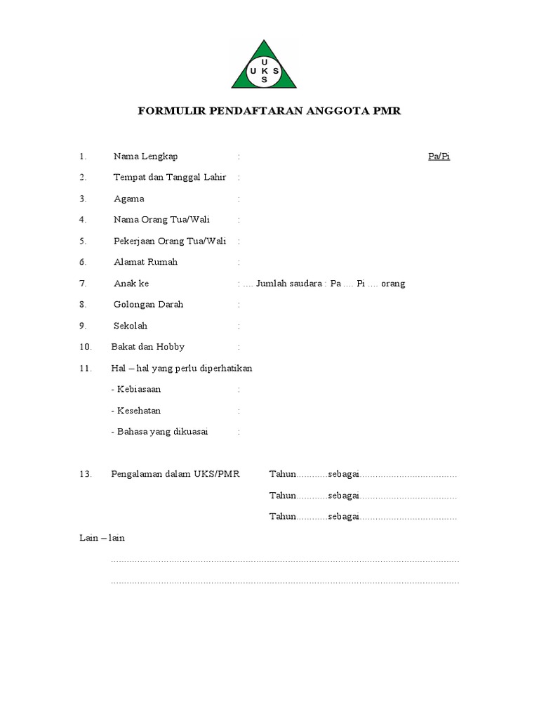Formulir Pendaftaran Anggota PMR | PDF