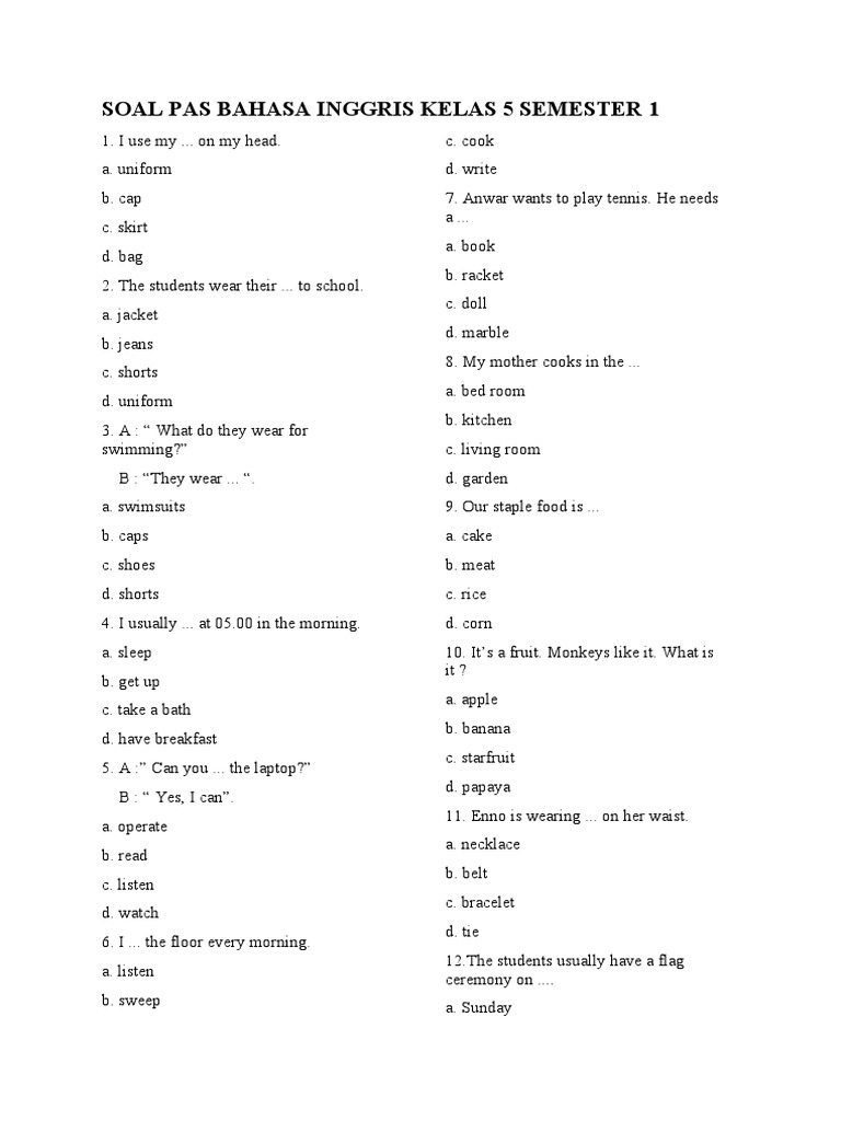 Soal Pas Bahasa Inggris Kelas 5 Semester 1 | PDF