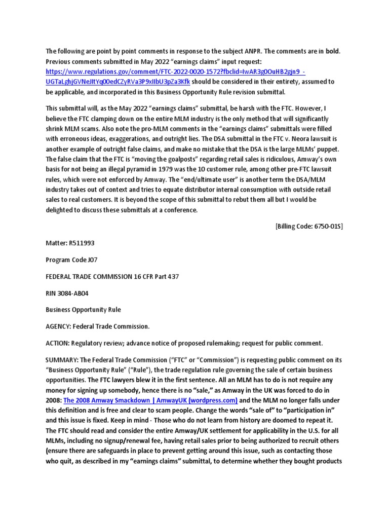 An In-Depth Response to the FTC's Request for Comments on the Business Opportunity Rule | PDF ...