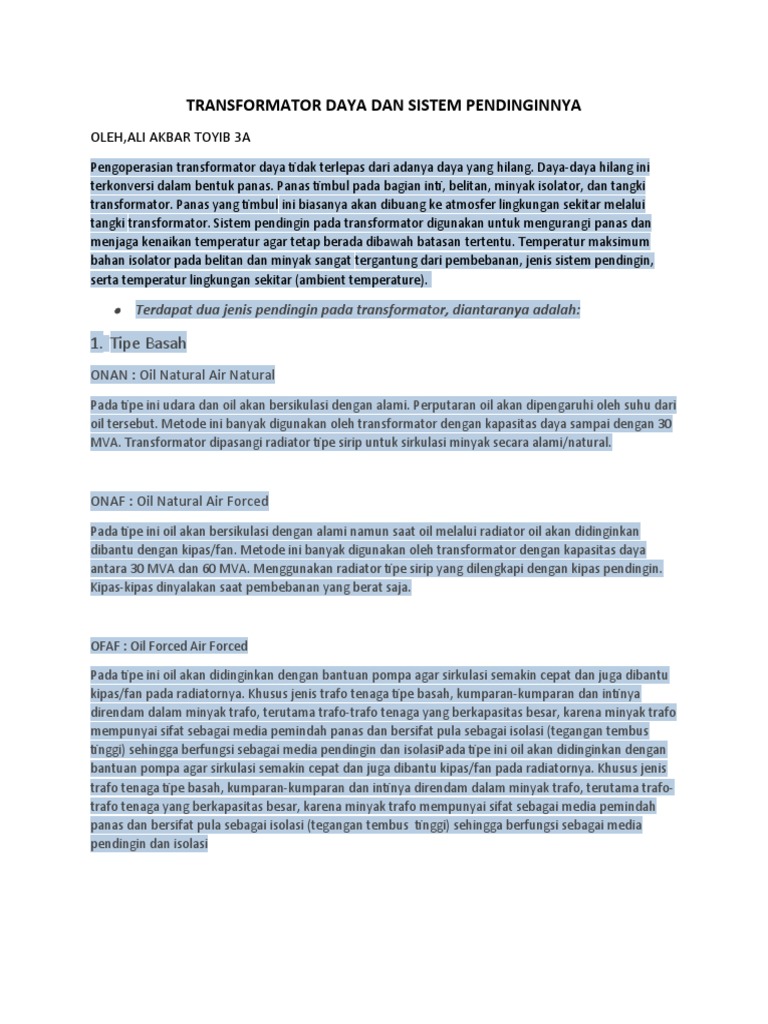 Transformator Daya Dan Sistem Pendinginnya | PDF | Teknologi & Rekayasa