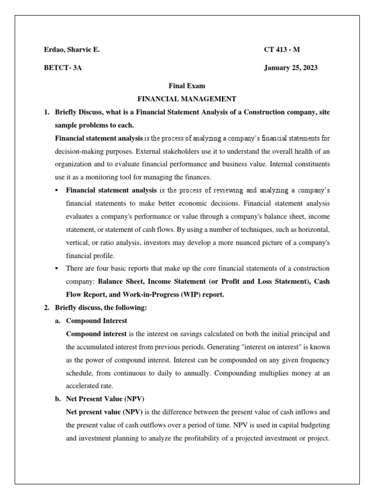 Analysis of Financial Concepts and Project Viability Assessment for ...