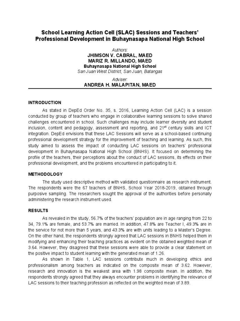School Learning Action Cell (SLAC) Sessions and Teachers' Professional ...