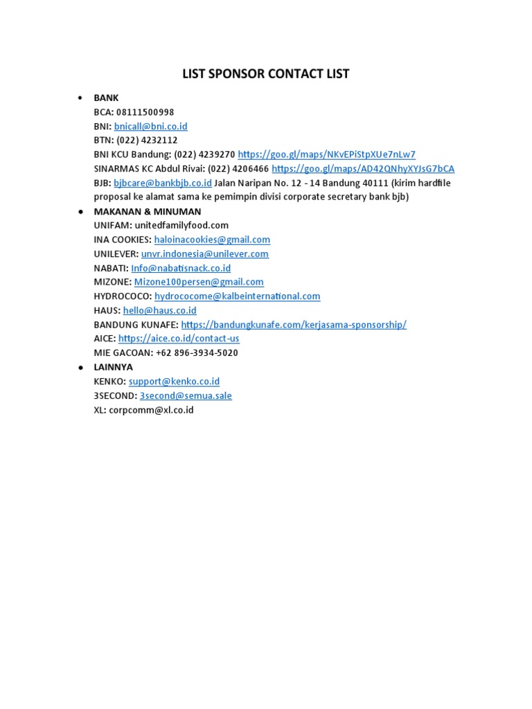Sponsorship Contact List for BCA and BNI | PDF