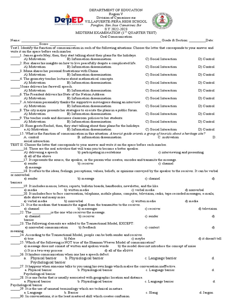 Exam Midterm | PDF | Communication | Self Esteem