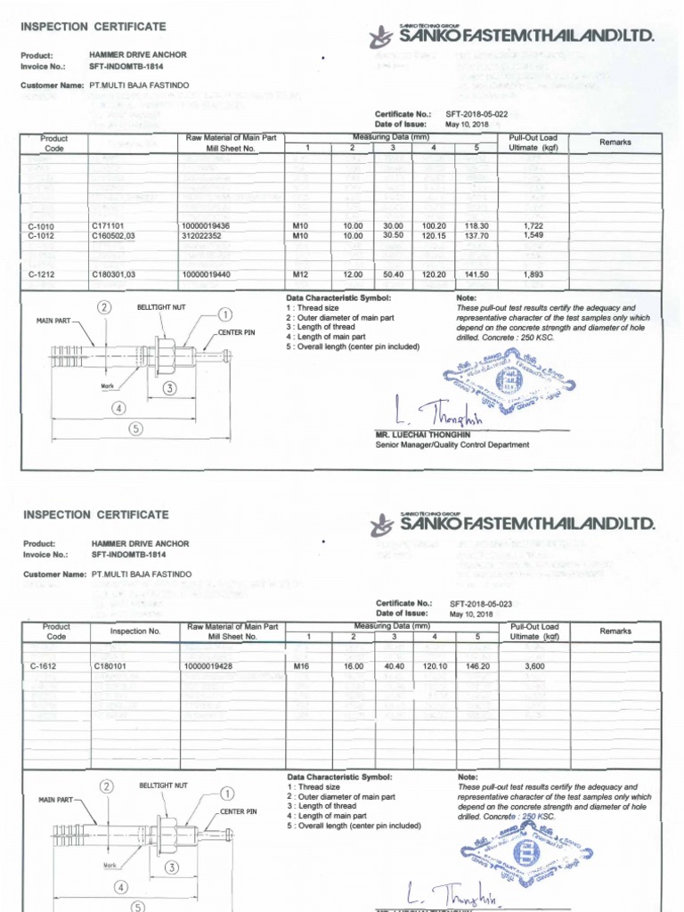 Carbon Steel Sanko Hit Anchor Mill Cert - MatraEng | PDF