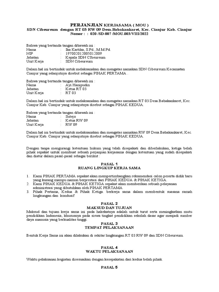 MOU Sekolah Dengan RT RW Yang Ada PPDB Nya | PDF