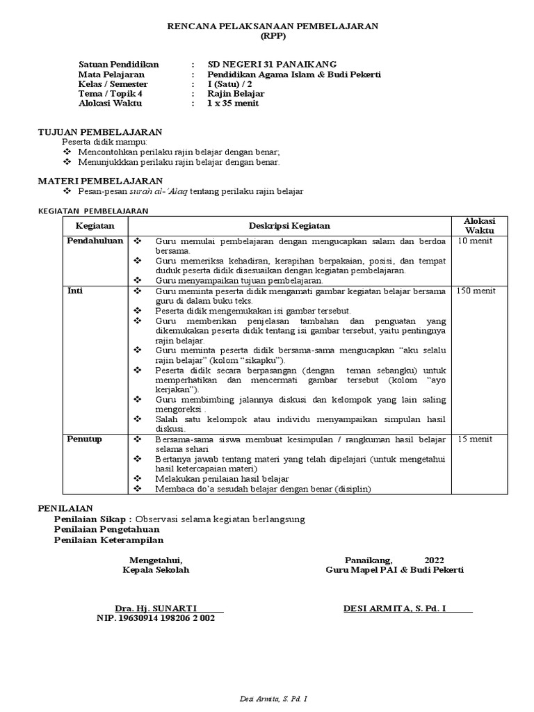 RPP PAI 1 Lembar Kelas 1 Semester 2 Pembelajaran 6 Topik 4 Rajin Belajar | PDF