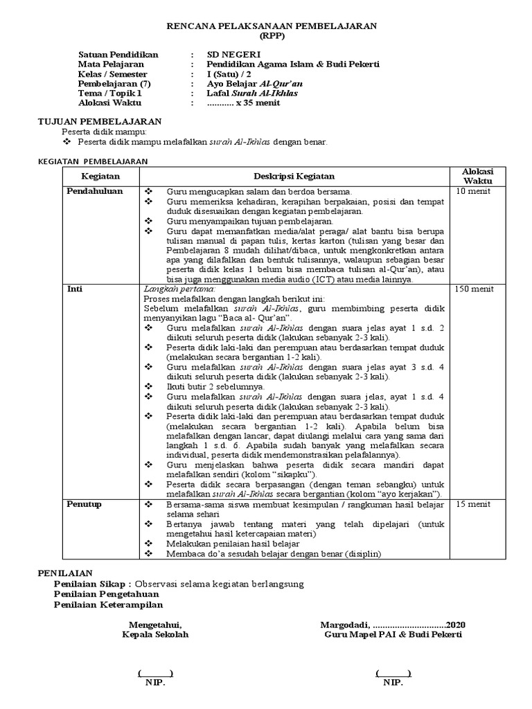 RPP PAI 1 Lembar Kelas 1 Semester 2 Pembelajaran 7 Topik 1 Lafal Surah Al-Ikhlas | PDF