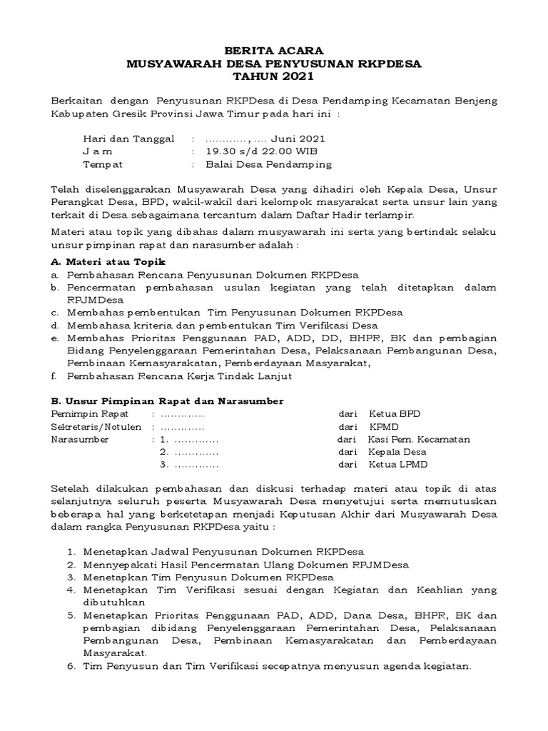 Contoh Ba Penyusunan Rkpdesa | PDF