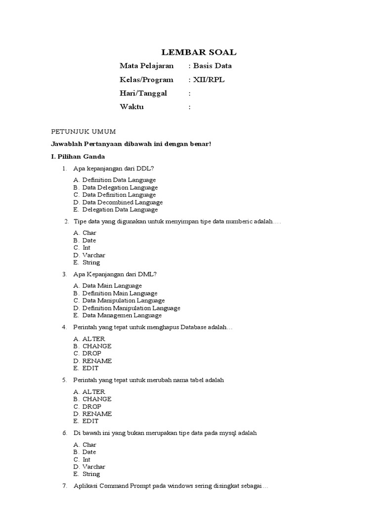 Soal Uas Basis Data Xii RPL | PDF