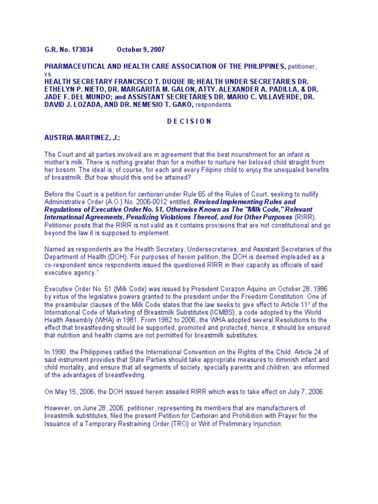 Pharma Vs DOH GR 173034 | PDF | Injunction | Justice