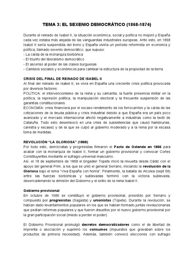Wuolah Free DEFINITIVO TEMA 3 EL SEXENIO DEMOCRATICO 1868 1874 | PDF | Gobierno | España