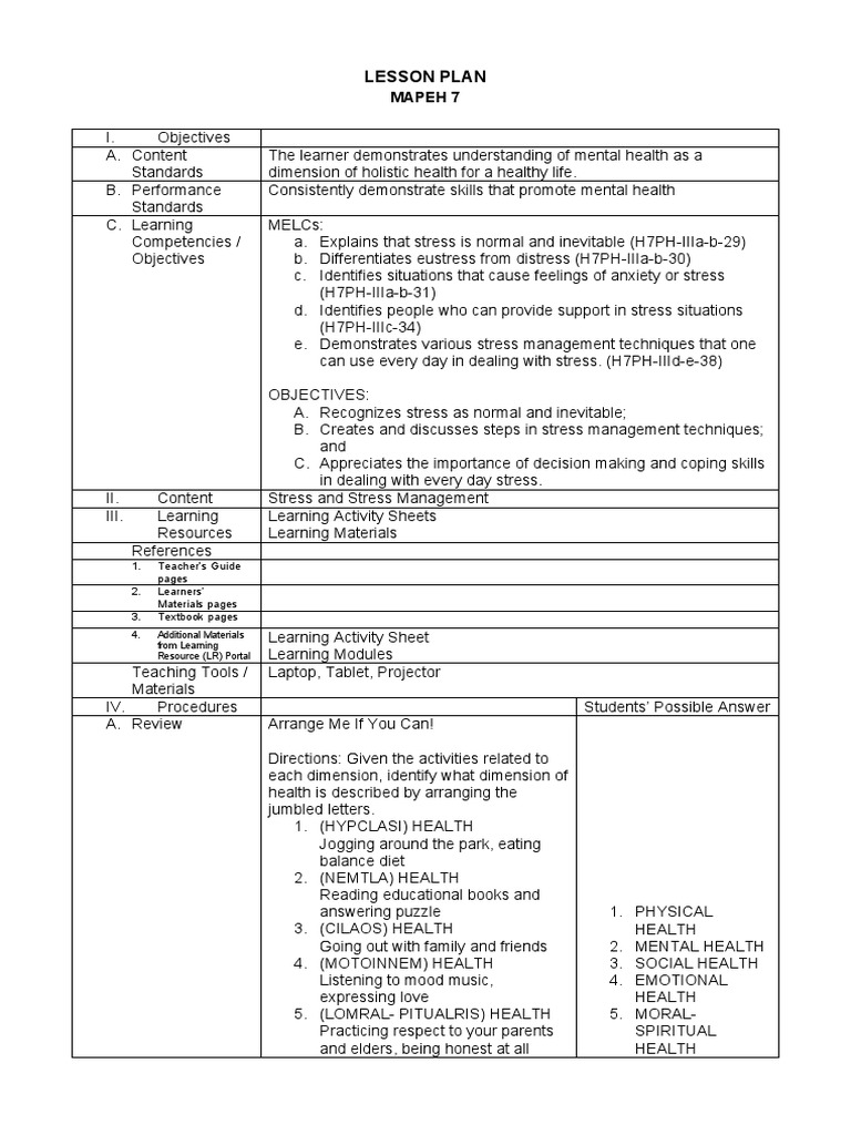 Co Lesson Plan Health 7 | PDF | Stress (Biology) | Stress Management