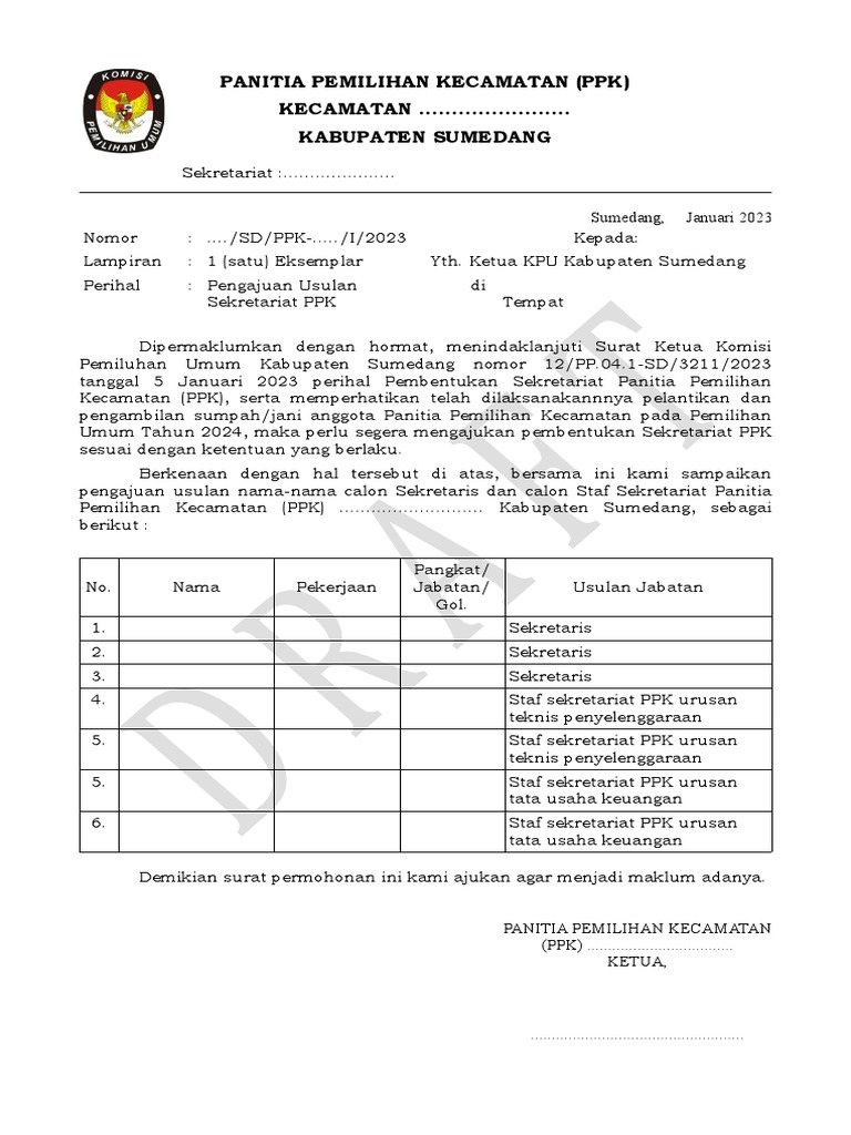 Draft Surat Pengajuan Usulan Sekretariat - PPK | PDF