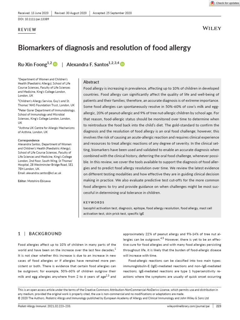 Pediatric Allergy Immunology - 2020 - Foong - Biomarkers of Diagnosis and Resolution of Food ...