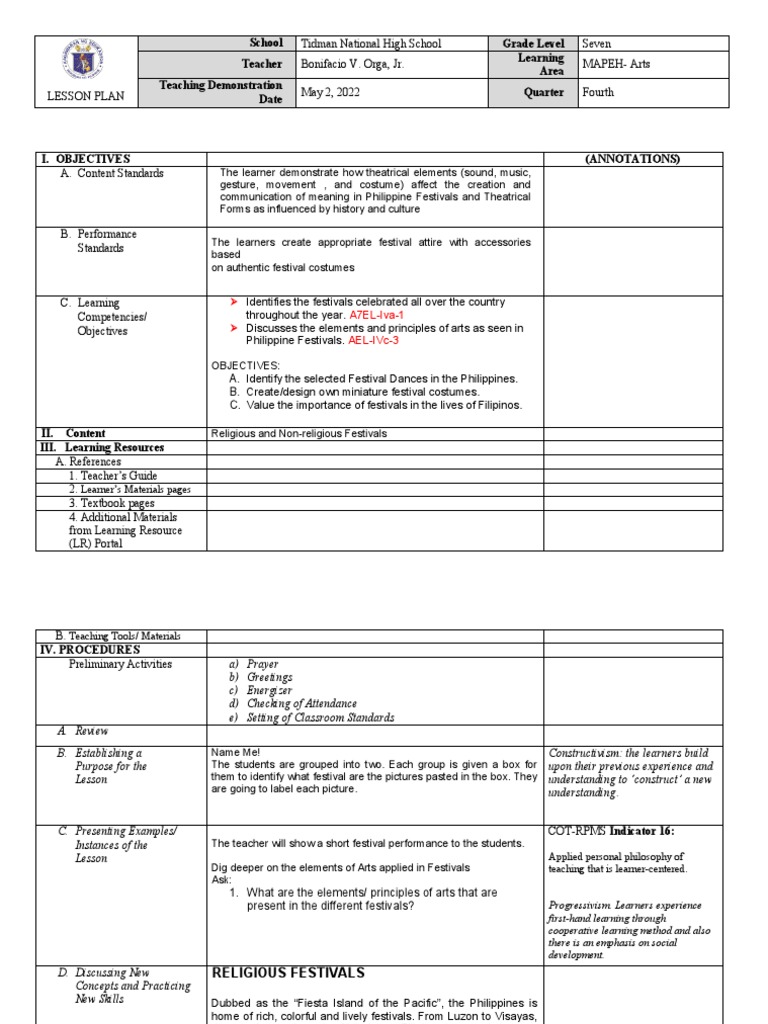 Lesson Plan New Bonie Co Q4 | PDF | Festival | Cebu