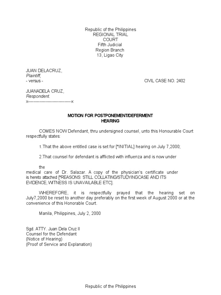 Sample Motion For Postponement | PDF | Lawsuit | Legal Procedure
