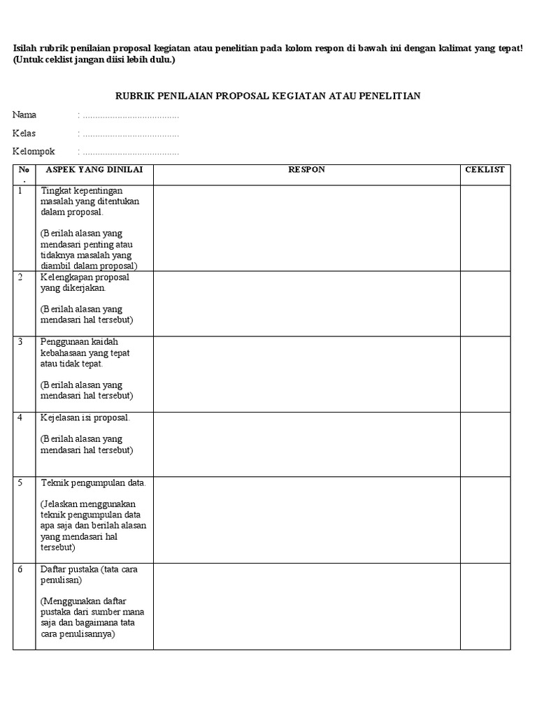 Rubrik Penilaian Materi Proposal Kelas Xi | PDF Rubrik Penilaian Materi Proposal Kelas Xi | PDF
