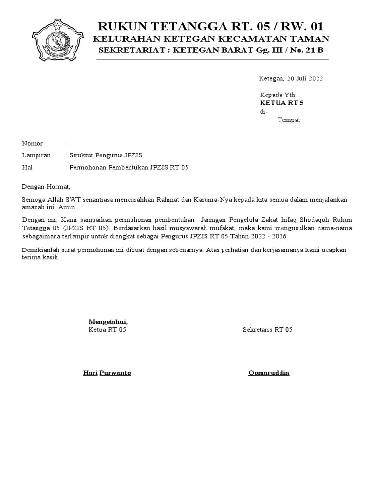 Surat Permohonan JPZIS RT 5 | PDF