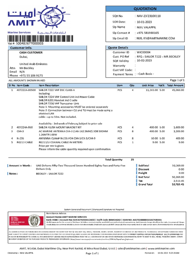 QUOTATION FOR SAILOR 7222 VHF DSC RADIOS | PDF