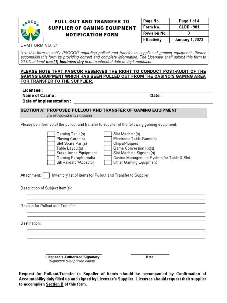PAGCOR Gaming Equipment Transfer Form | PDF | Slot Machine