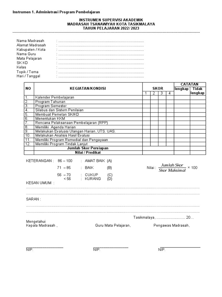 INSTRUMEN SUPERVISI MA NF Adminsitrasi Dan KBM Guru | PDF
