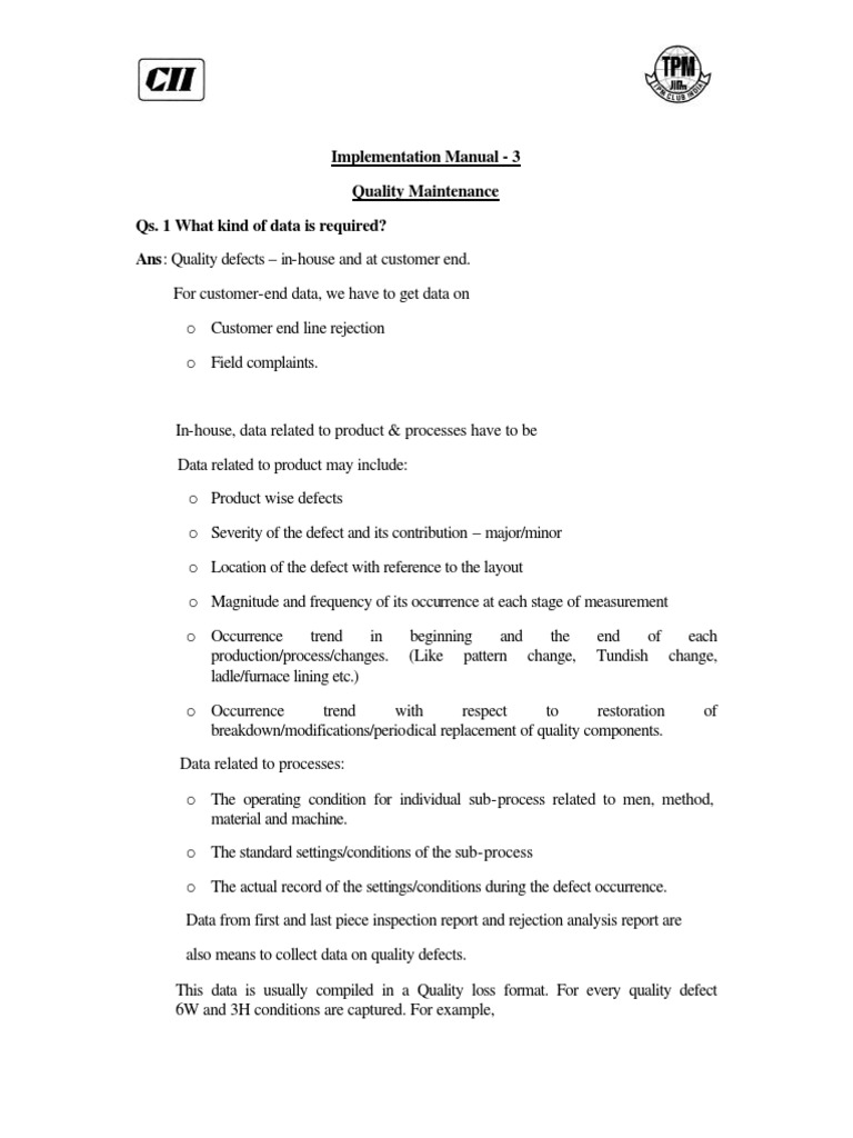 Implementation Manual - 3 Quality Maintenance Qs. 1 What Kind of Data ...