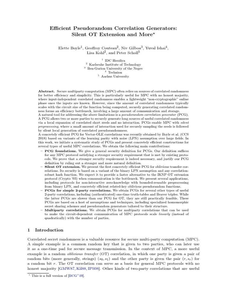 Efficient Pseudorandom Correlation Generators Silent Ot Extension And More Pdf