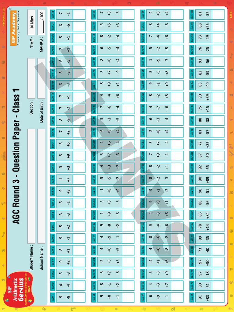 Sip Agc 2022 Round 3 Sample Papers Arithmetic Genius Contest 1 | PDF