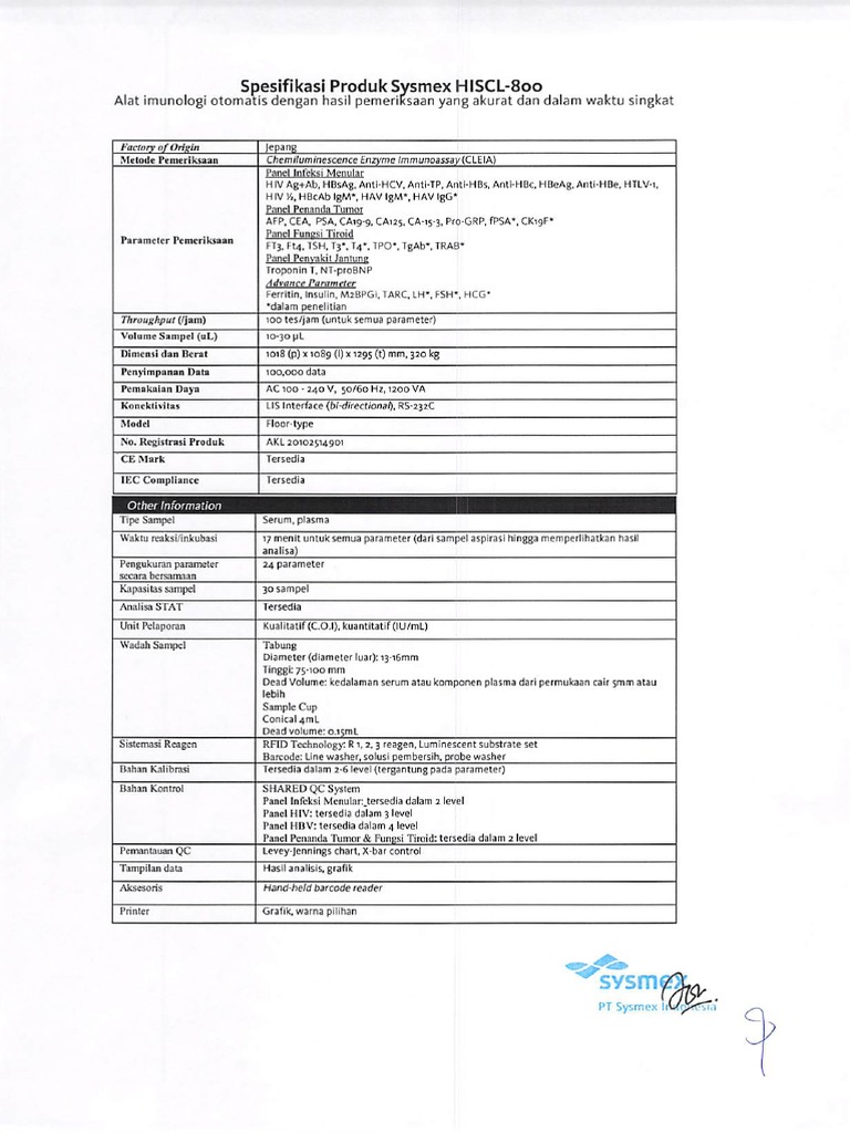 Spesifikasi Sysmex HISCL-800 | PDF