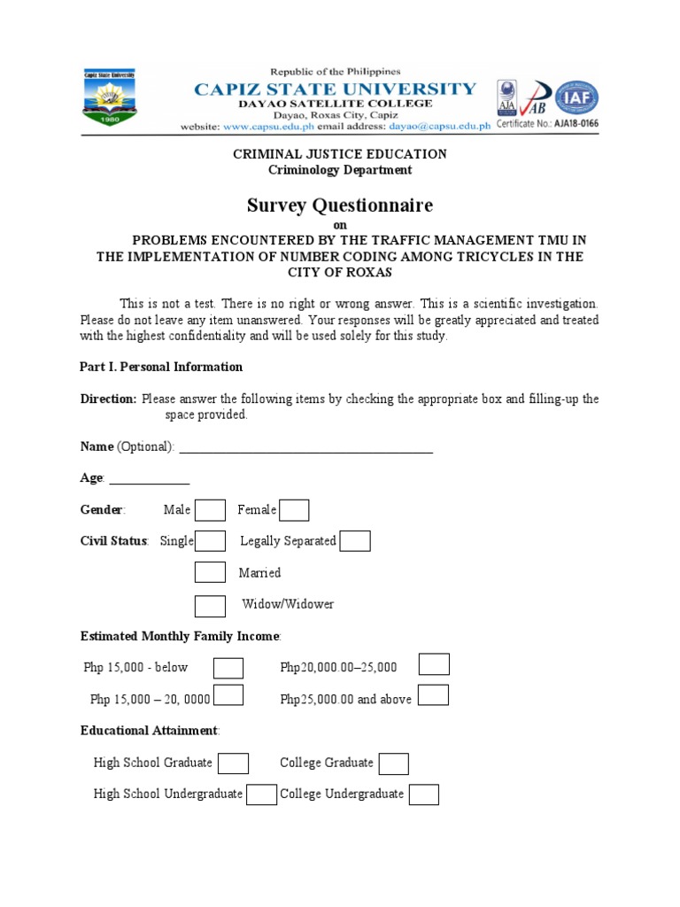 Survey Questionnaire | PDF | Traffic | Justice