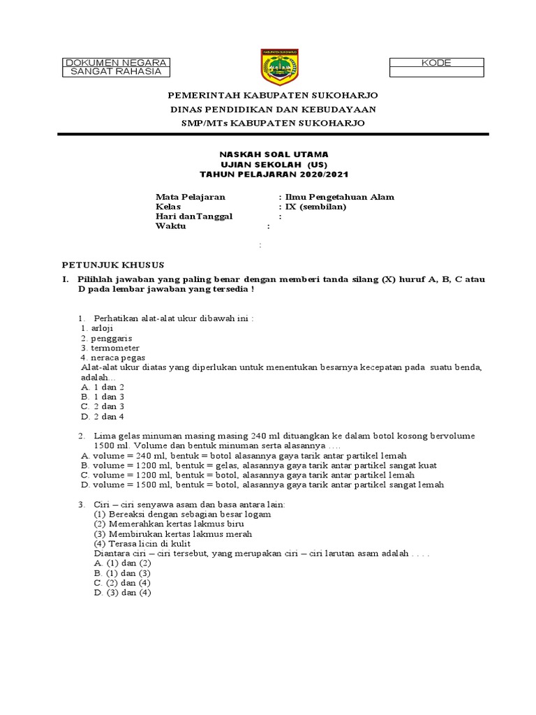 Master Soal Ujian Sekolah Ipa Utama SMP Tahun 2020-2021 | PDF