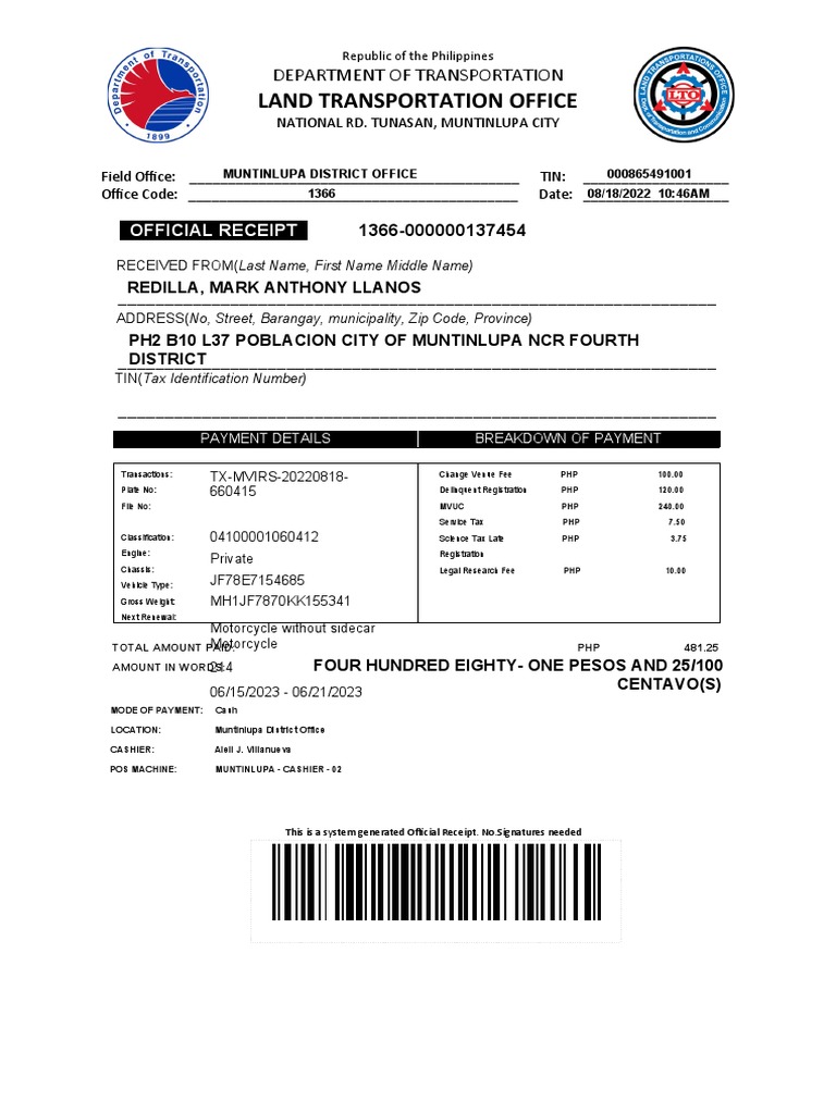 Payment Receipt for Vehicle Registration Renewal and Fees for a ...