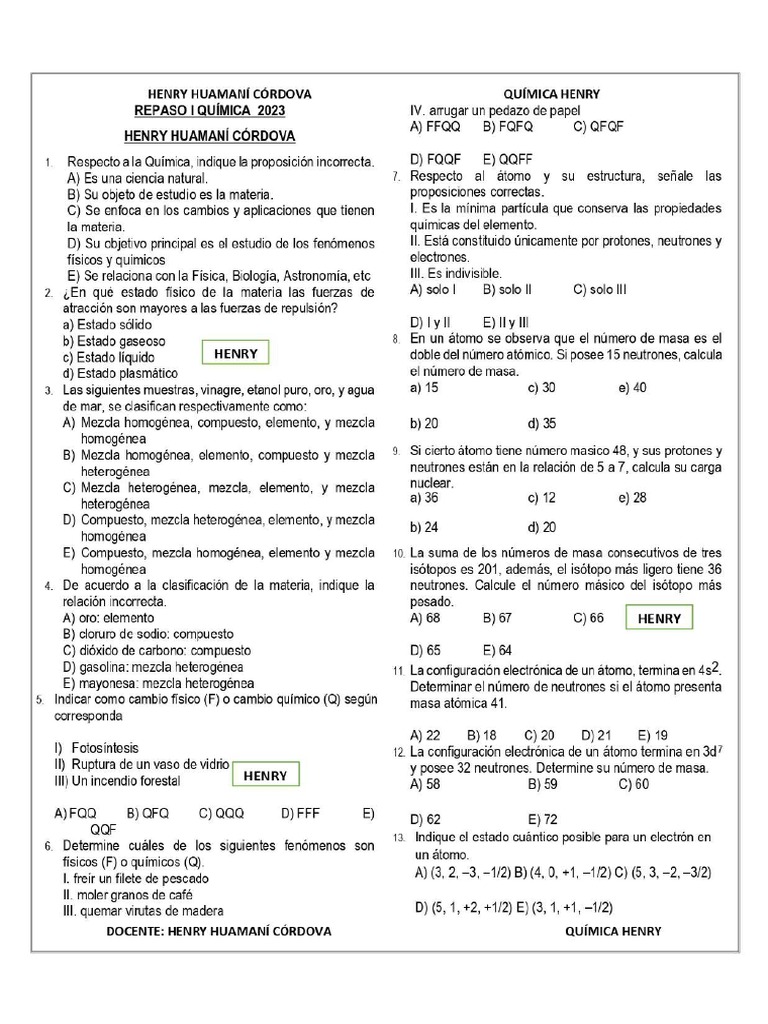 Repaso I Química Henry Ok | PDF
