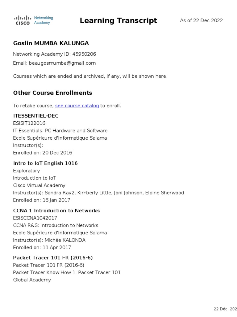 NetAcad Learning Transcript | PDF