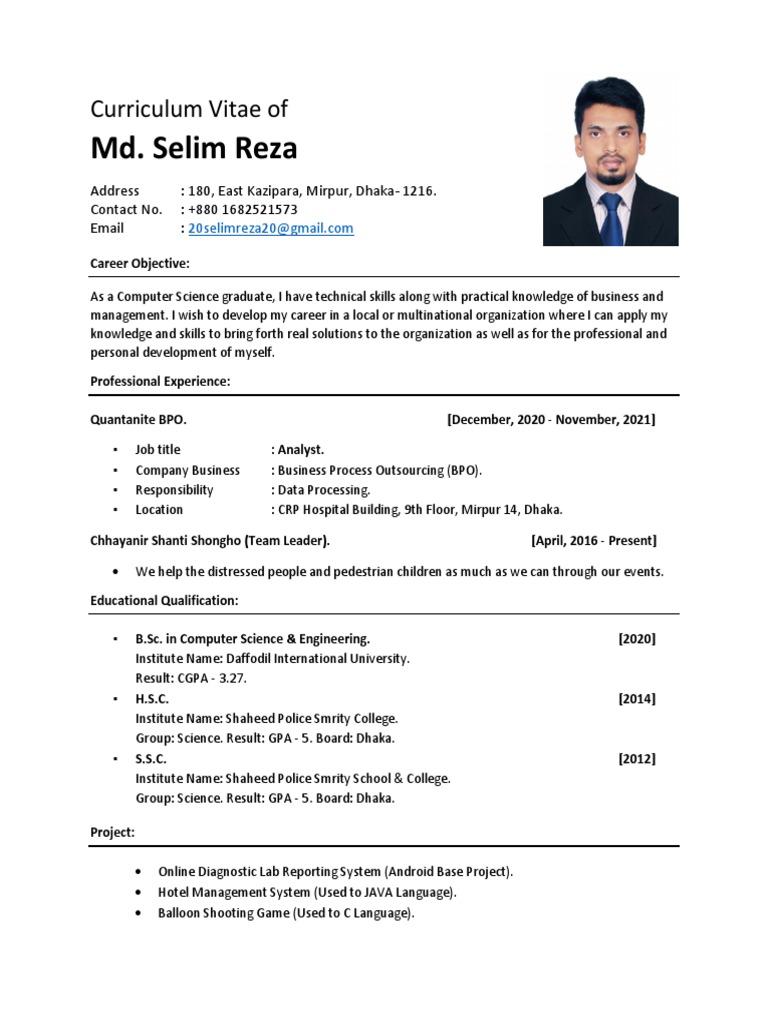 Curriculum Vitae of Md. Selim Reza | PDF | Net Beans | Applications ...