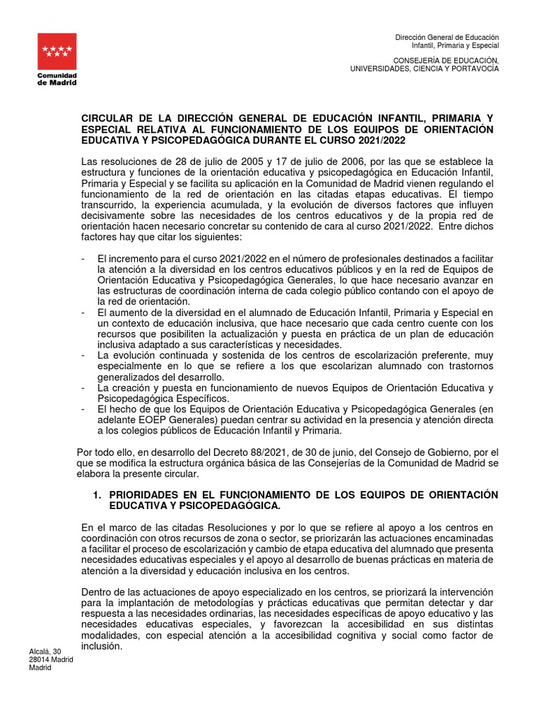 Funcionamiento de EOEP en Madrid 2021/2022 | PDF | Educación especial ...