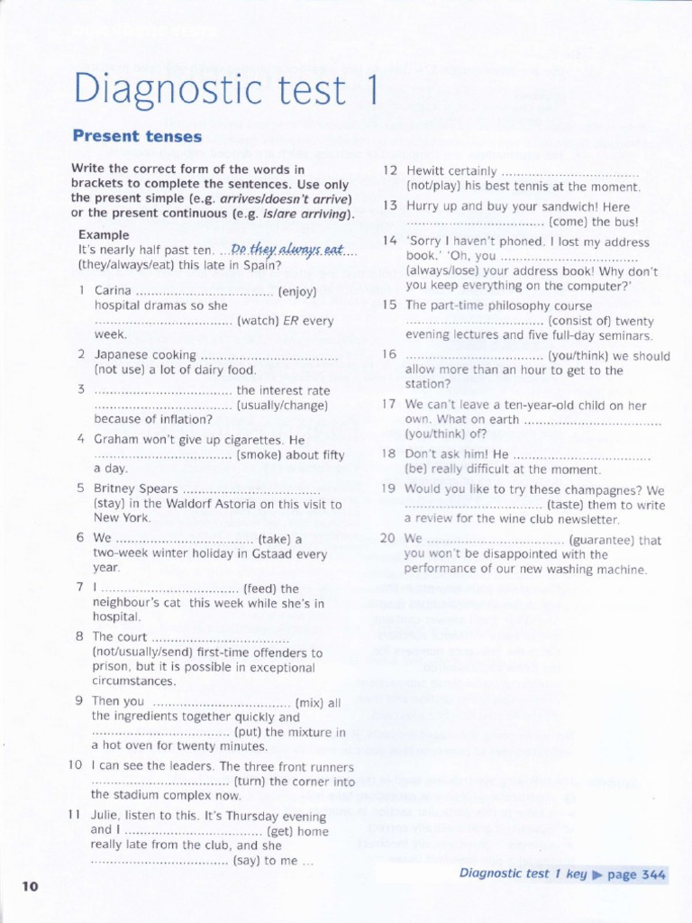 Diagnostic Test 1. Present Tenses | PDF