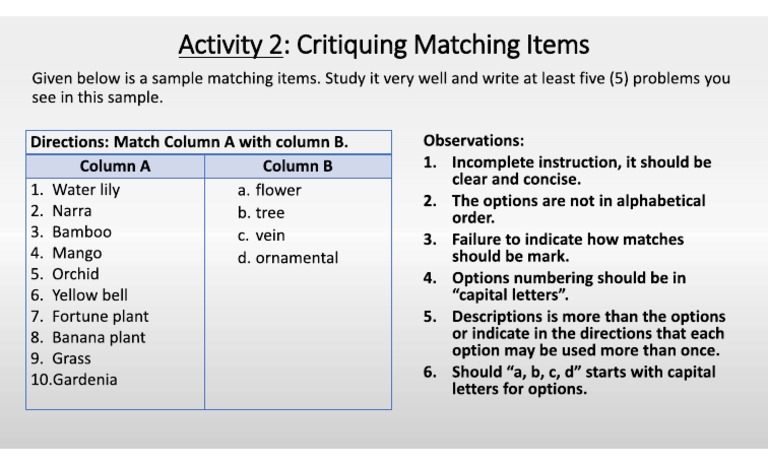 Critiquing Matching Items | PDF