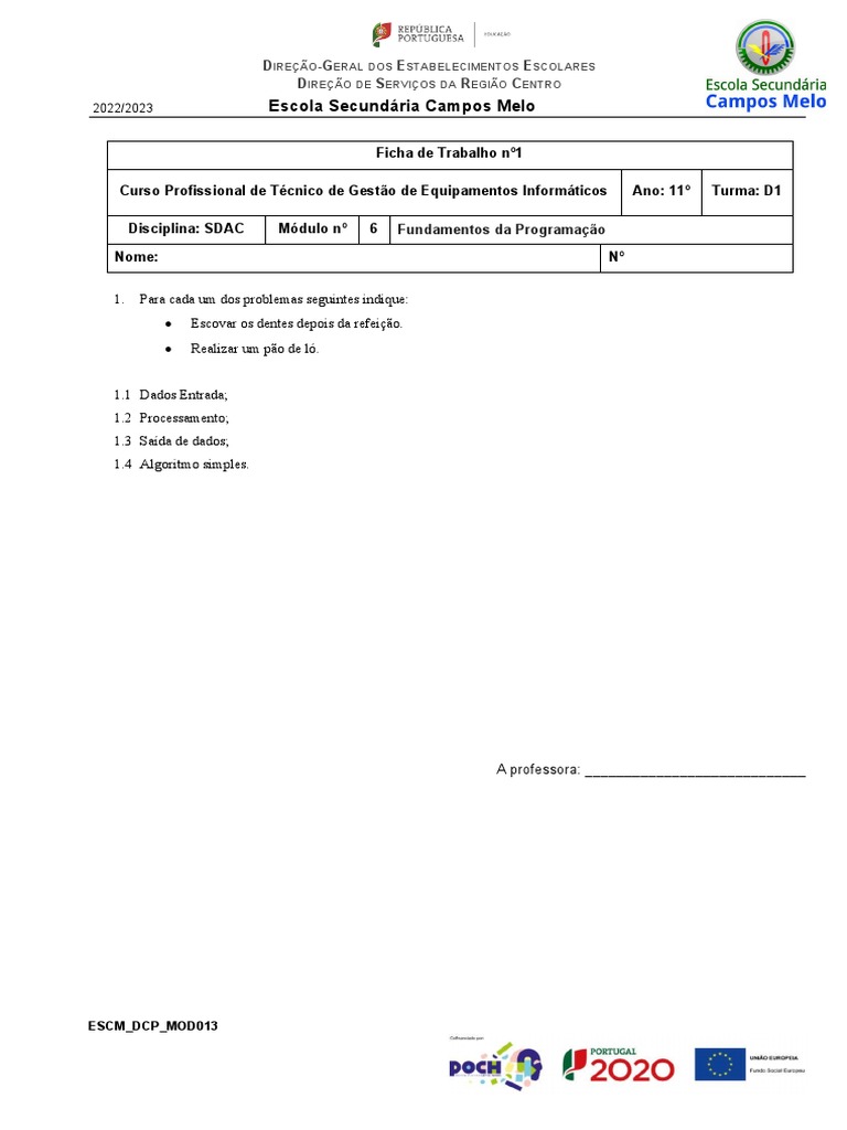Ficha de Trabalho sobre Fundamentos da Programação para o Curso ...