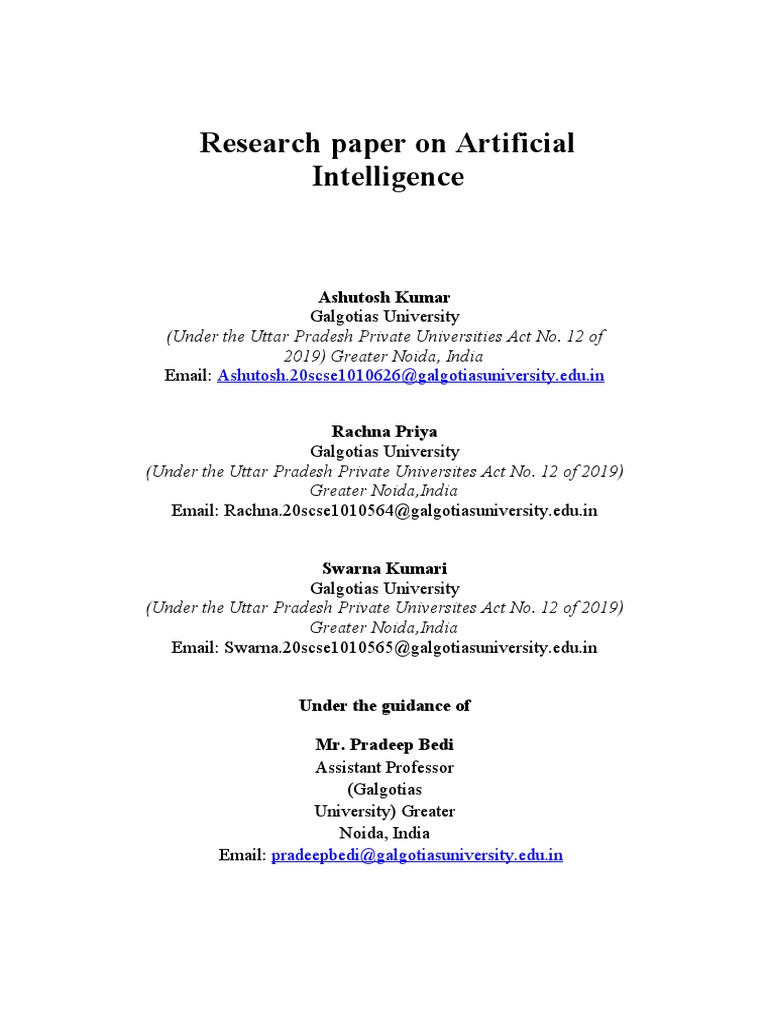 Research Paper On Artificial Intelligence: Galgotias University Email ...